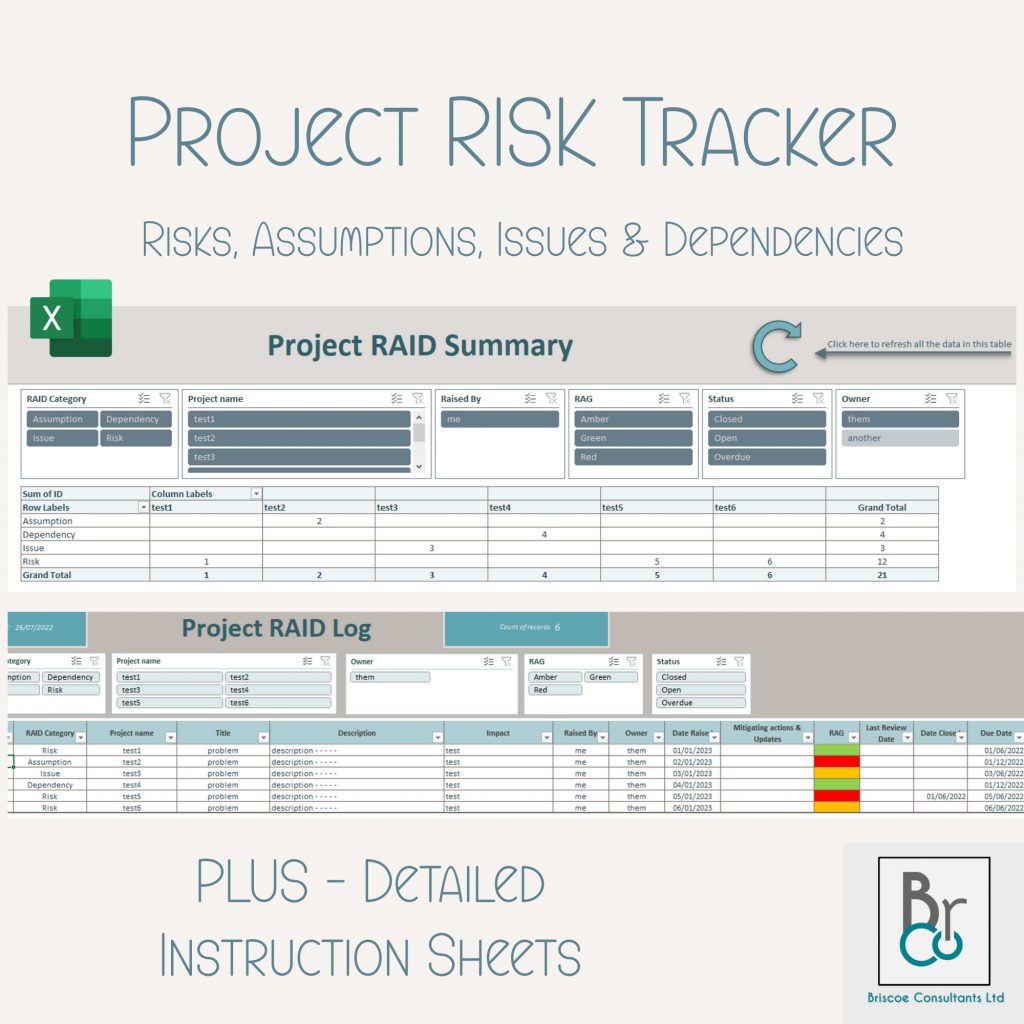 PMO Spreadsheet template bundle; RAID, Gantt, Costs, stakeholders